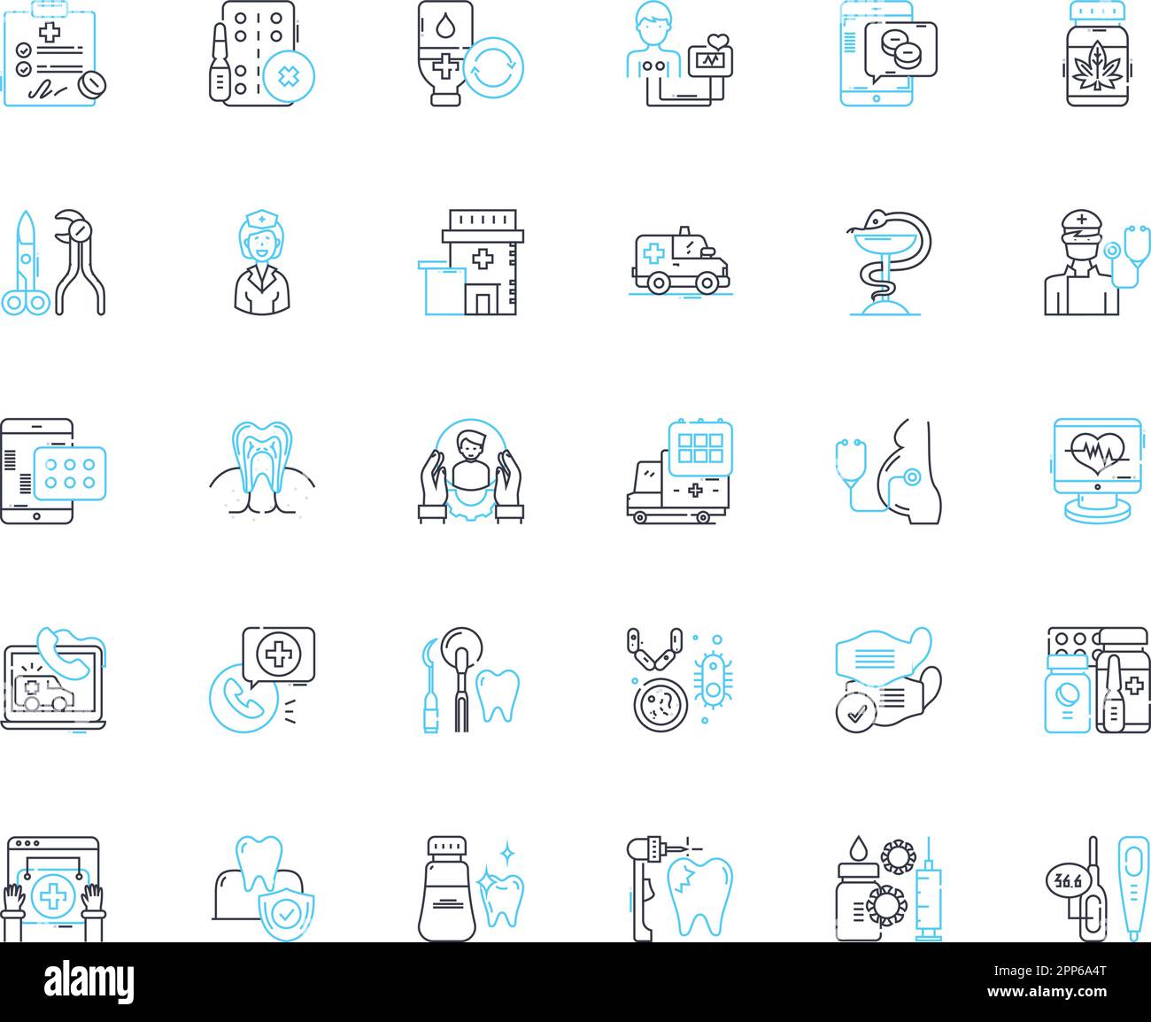 Tooth care linear icons set. Flossing, Brushing, Whitening, Cavity ...