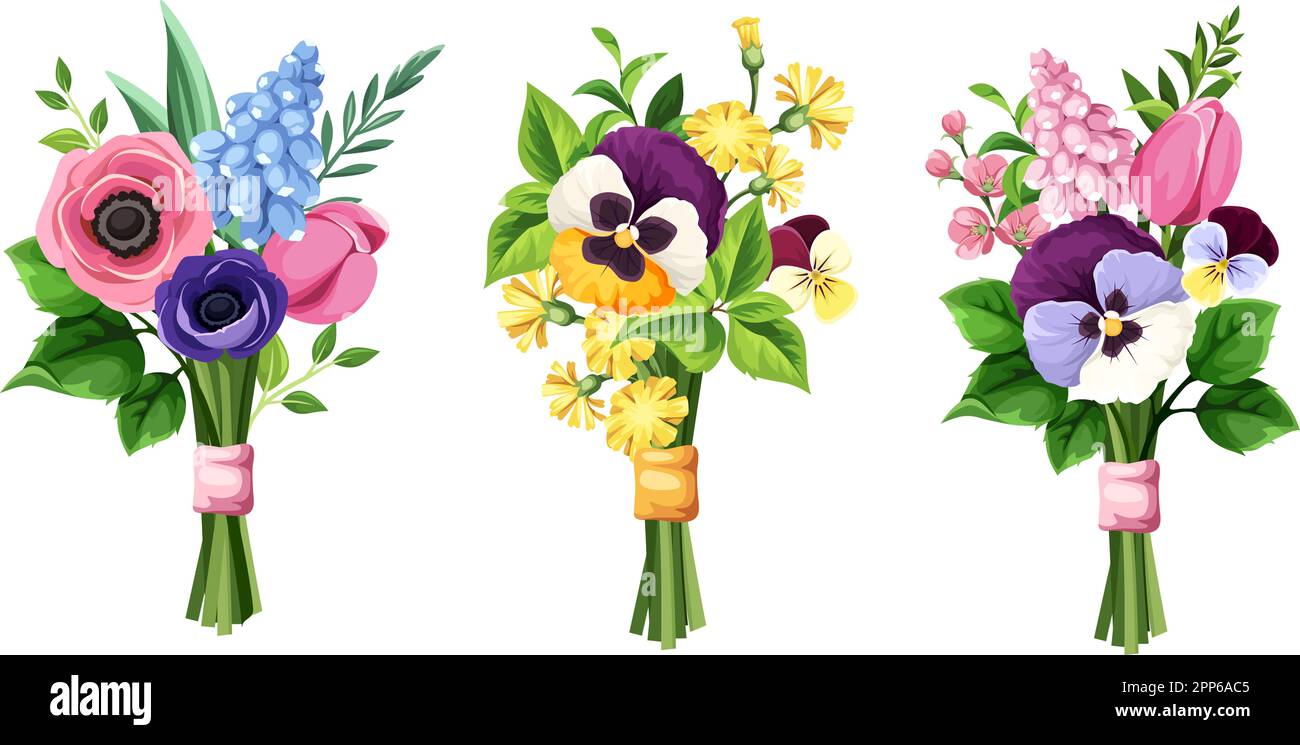 Bouquets of colorful flowers isolated on a white background. Set of ...