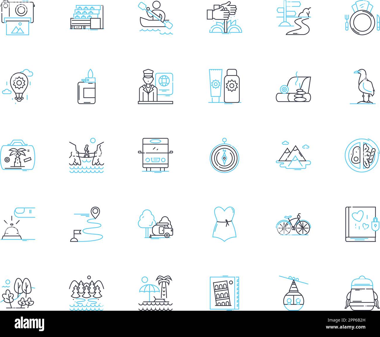 Adventure excursion linear icons set. Expedition, Trek, Safari, Journey ...