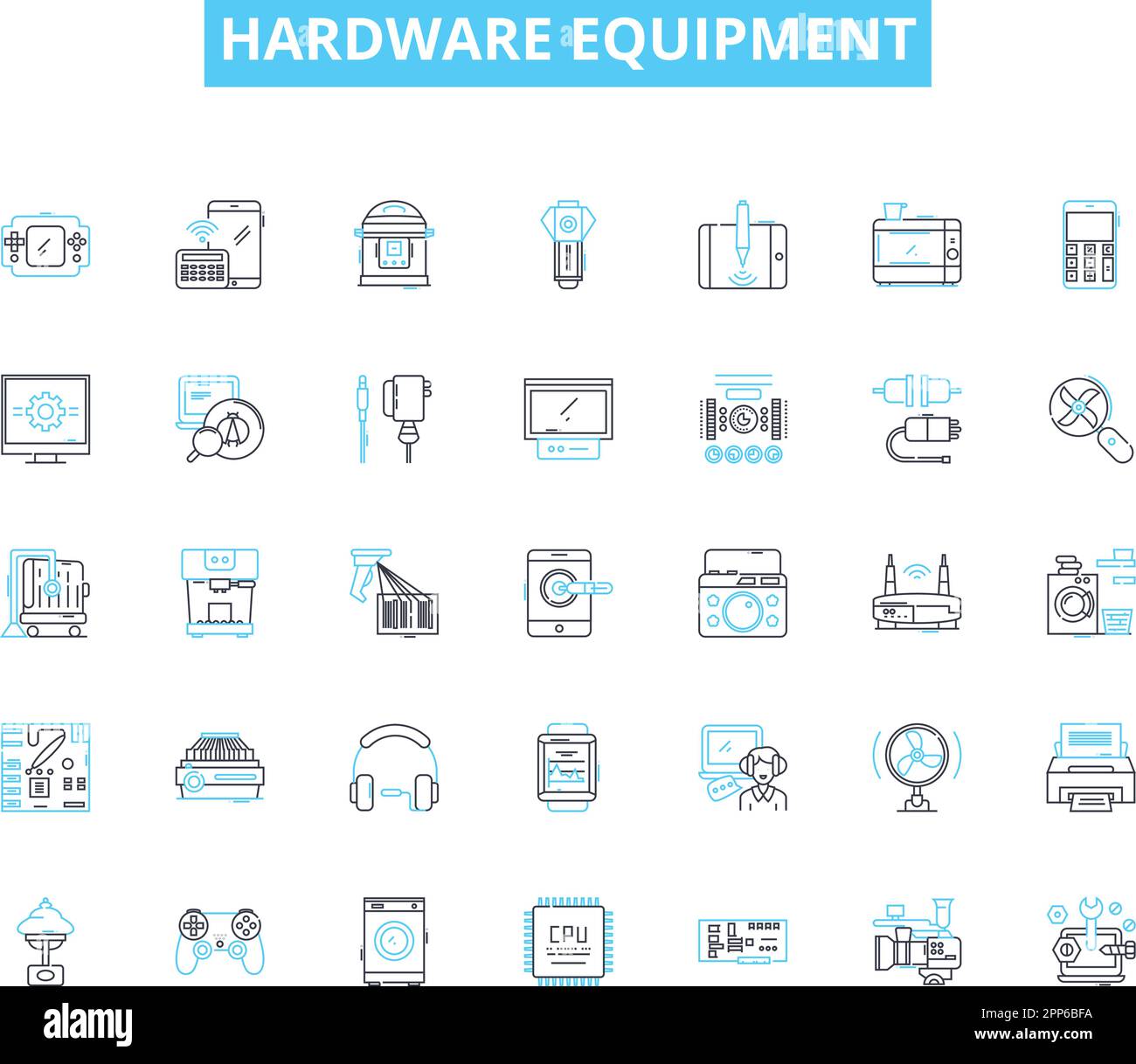 Hardware equipment linear icons set. Processor, Graphics, Motherboard, Memory, Storage, Display ...