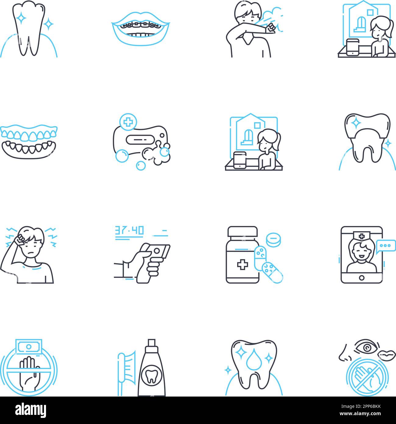 Tooth maintenance linear icons set. Flossing, Brushing, Mouthwash ...