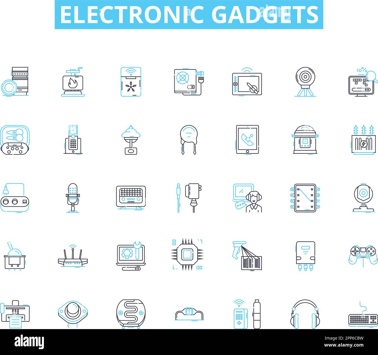 Electronic gadgets linear icons set. smartph, tablet, laptop, desktop, camera, earbuds ...