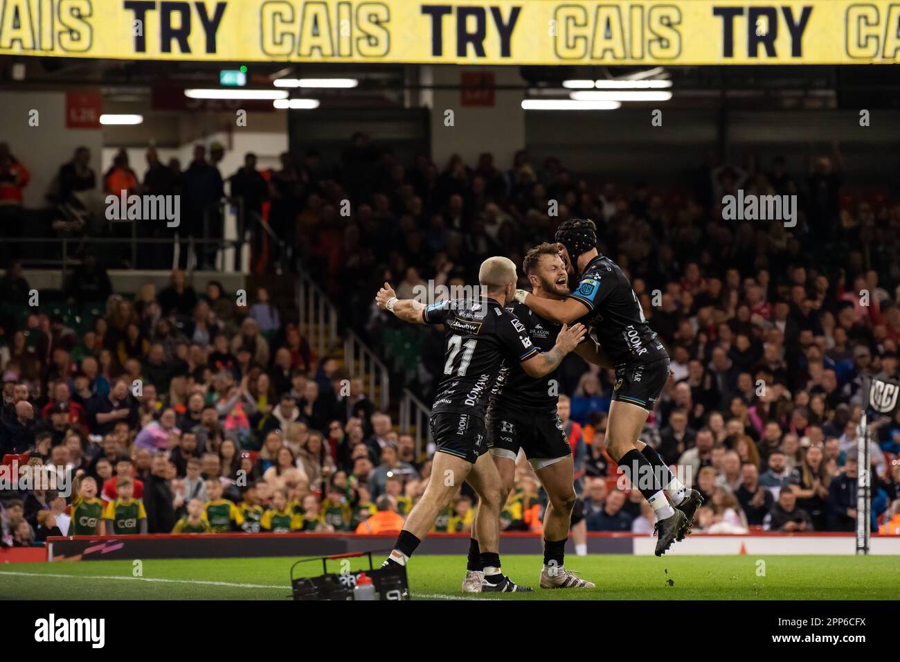 Steff Hughes of the Dragons celebrates his try during the United Rugby ...