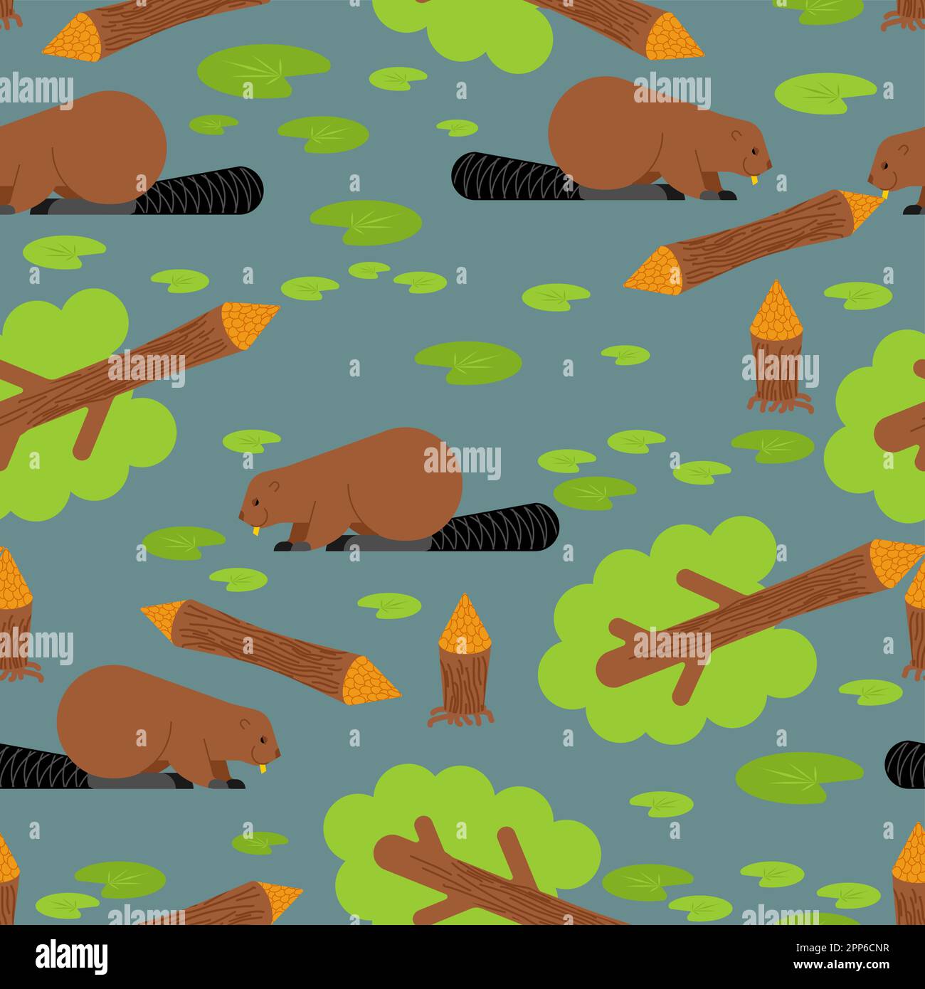 Beaver and tree pattern seamless. Swamp rodent and dam background Stock ...