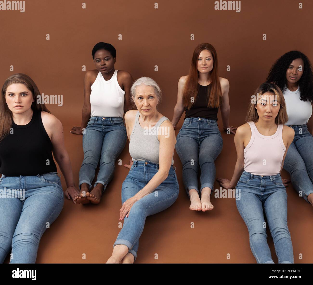 Six different females on a brown background. Group of six women with ...