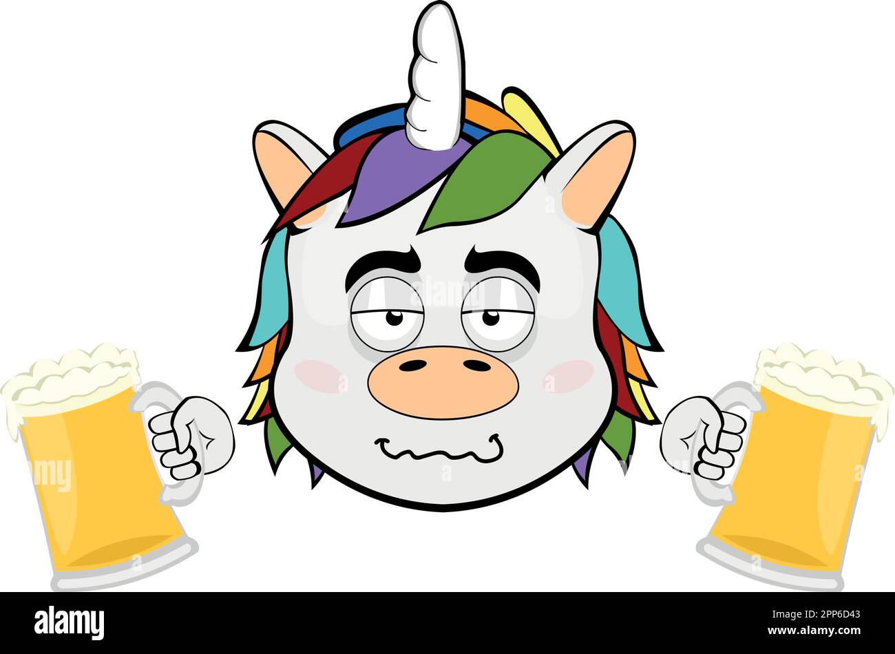 vector illustration face of a drunk cartoon unicorn with beers in his ...
