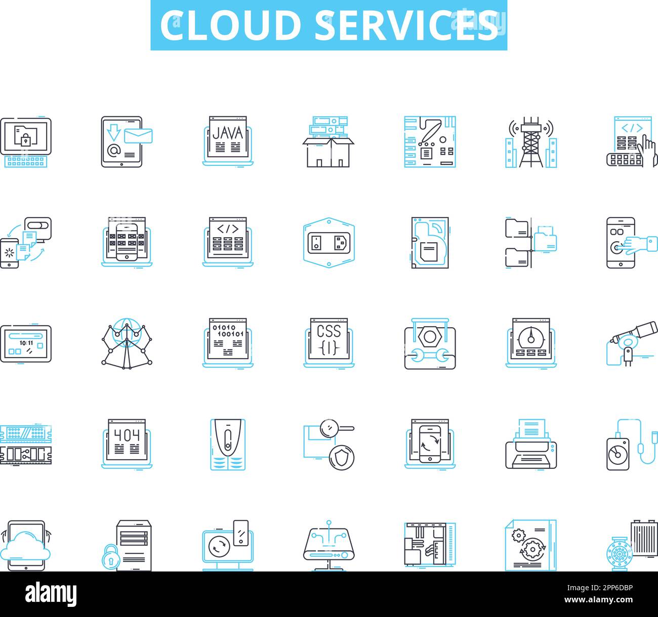 Cloud services linear icons set. Integration, Scalability, Accessibility, Reliability, Security ...