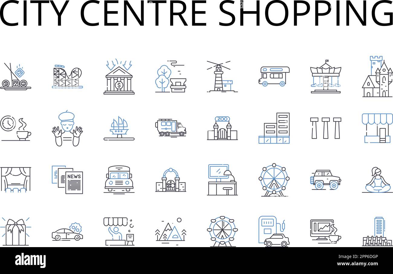 City centre shopping line icons collection. Downtown shopping, Urban ...