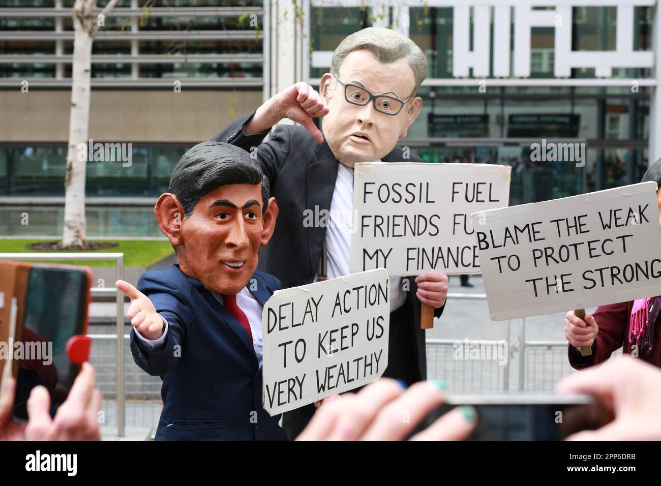 London, UK. 22 April 2023. Protesters wearing Rishi Sunak, Suella ...