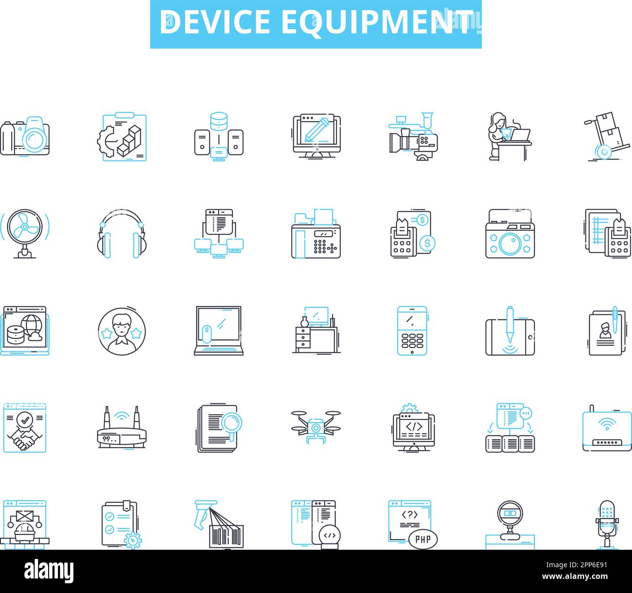 Device equipment linear icons set. Console, Monitor, Keyboard, Mouse, Printer, Scanner, Speaker ...