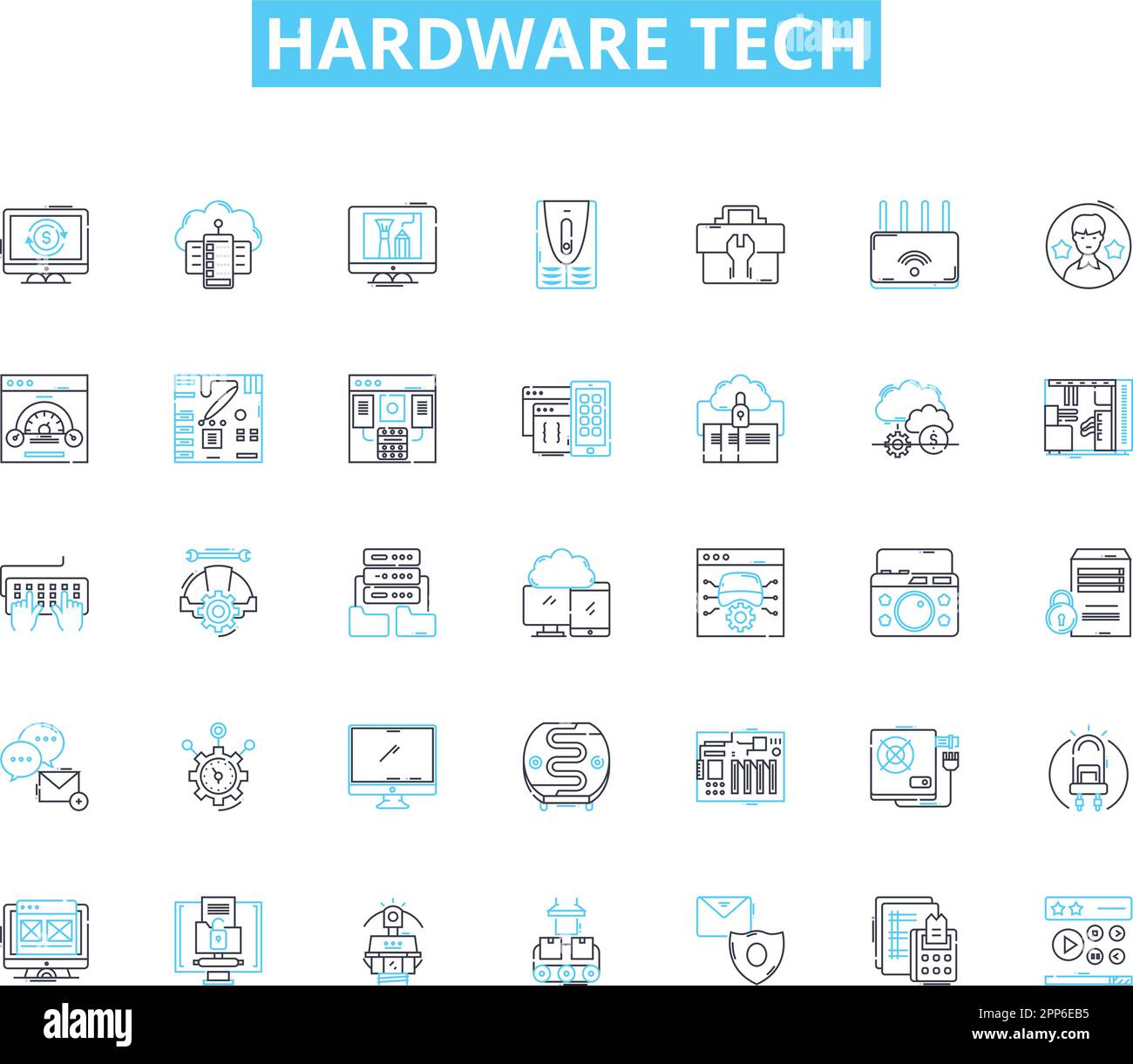 hardware tech linear icons set. Processor, Motherboard, Graphics, Display, Storage, Memory ...