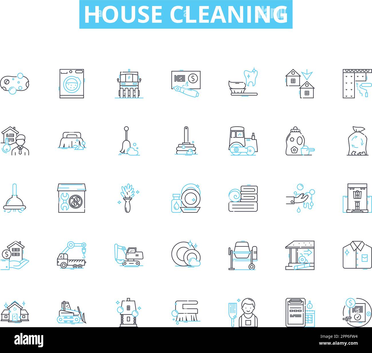 House cleaning linear icons set. Sweep, Mop, Vacuum, Dust, Scrub, Sanitize, Tidy line vector and ...