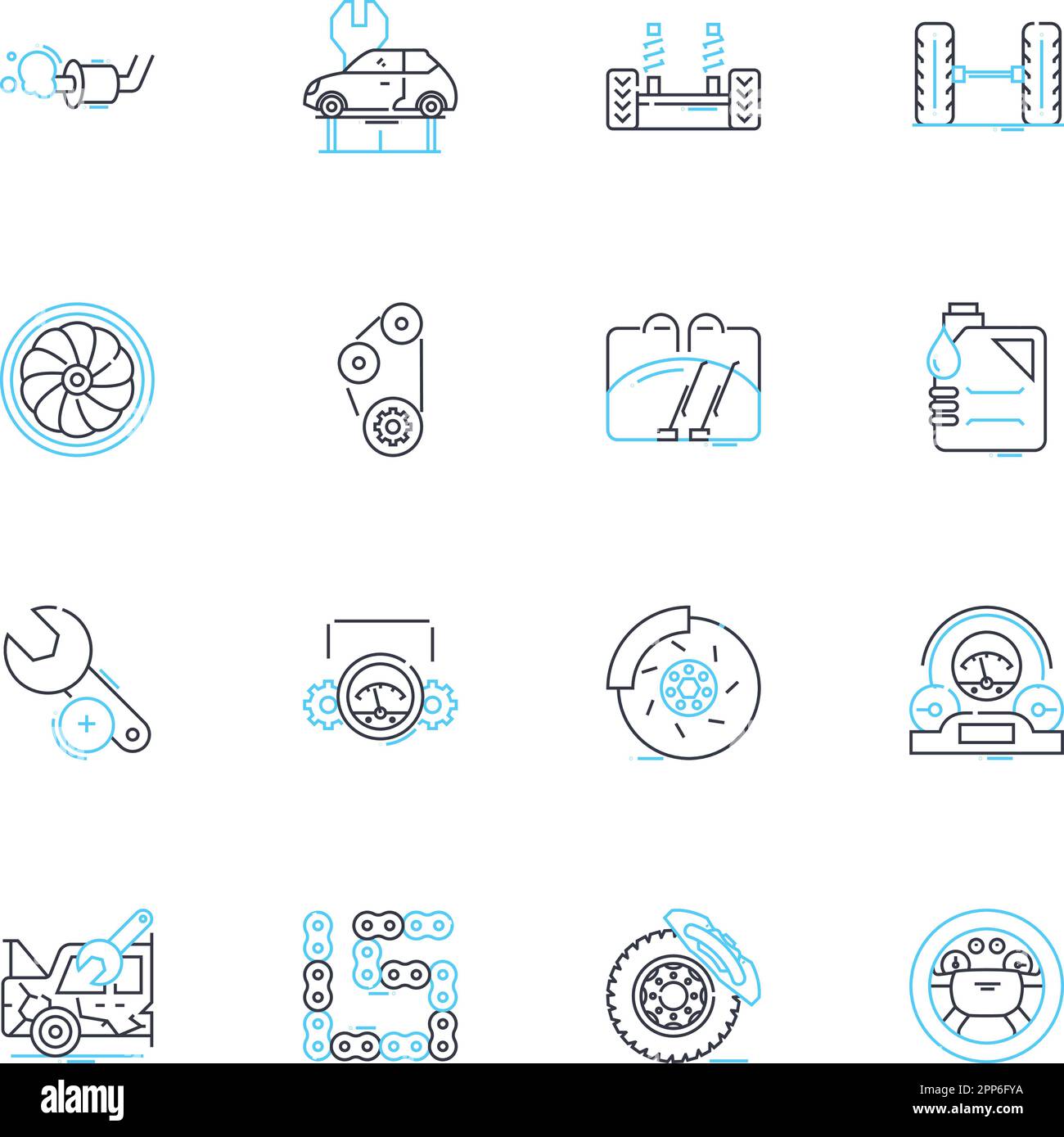 Automotive Maintenance linear icons set. Lubrication, Inspection, Tune-up, Alignment, Battery ...