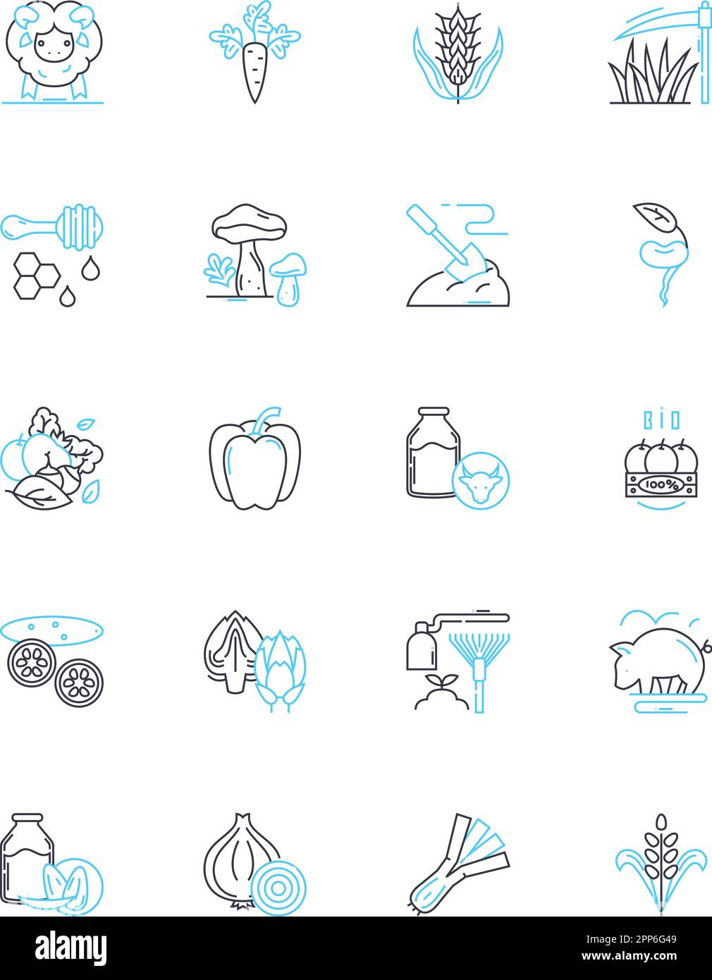 Eco-agriculture linear icons set. Sustainability, Regeneration, Permaculture, Biodynamics ...