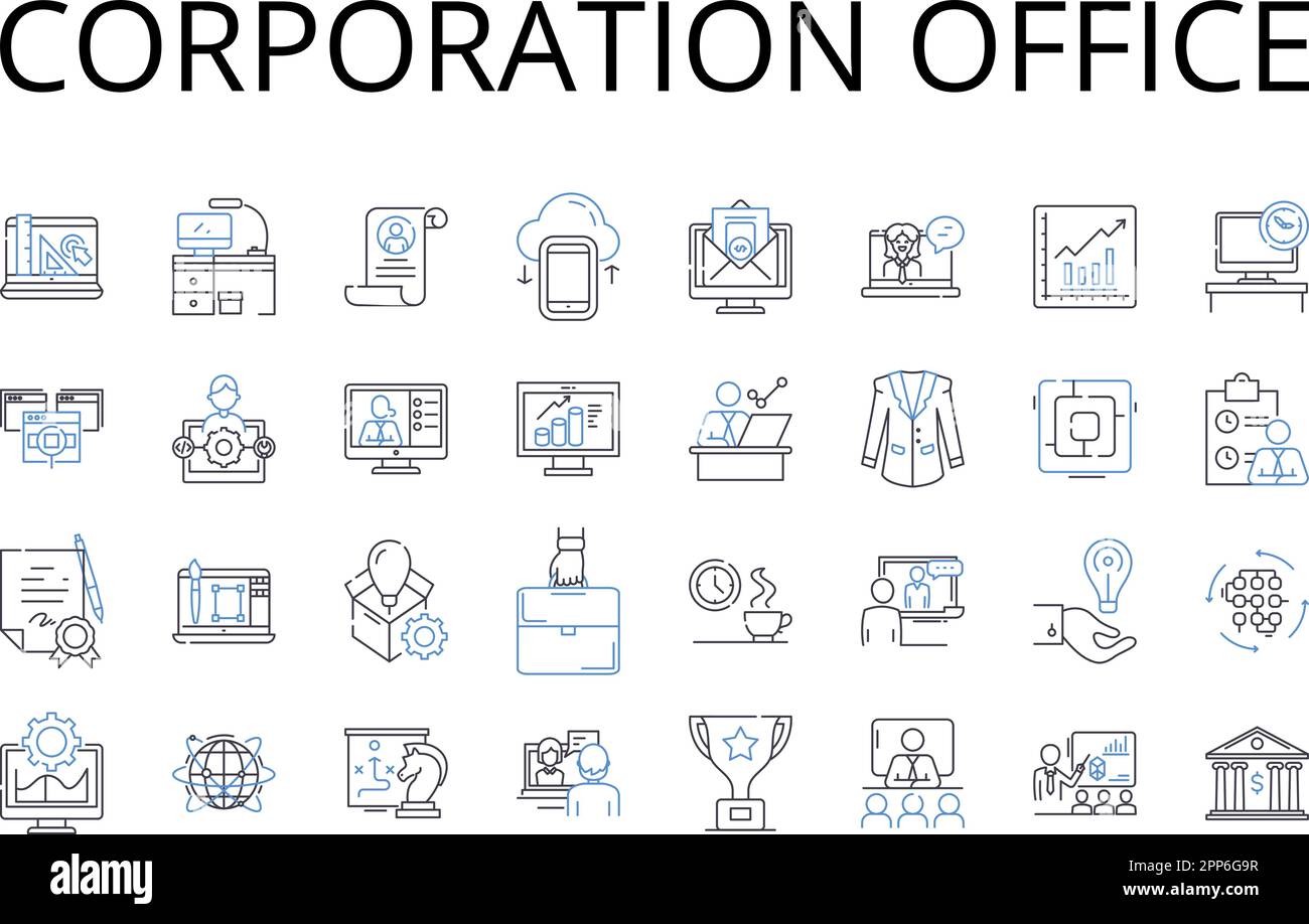 Corporation office line icons collection. Company headquarters ...