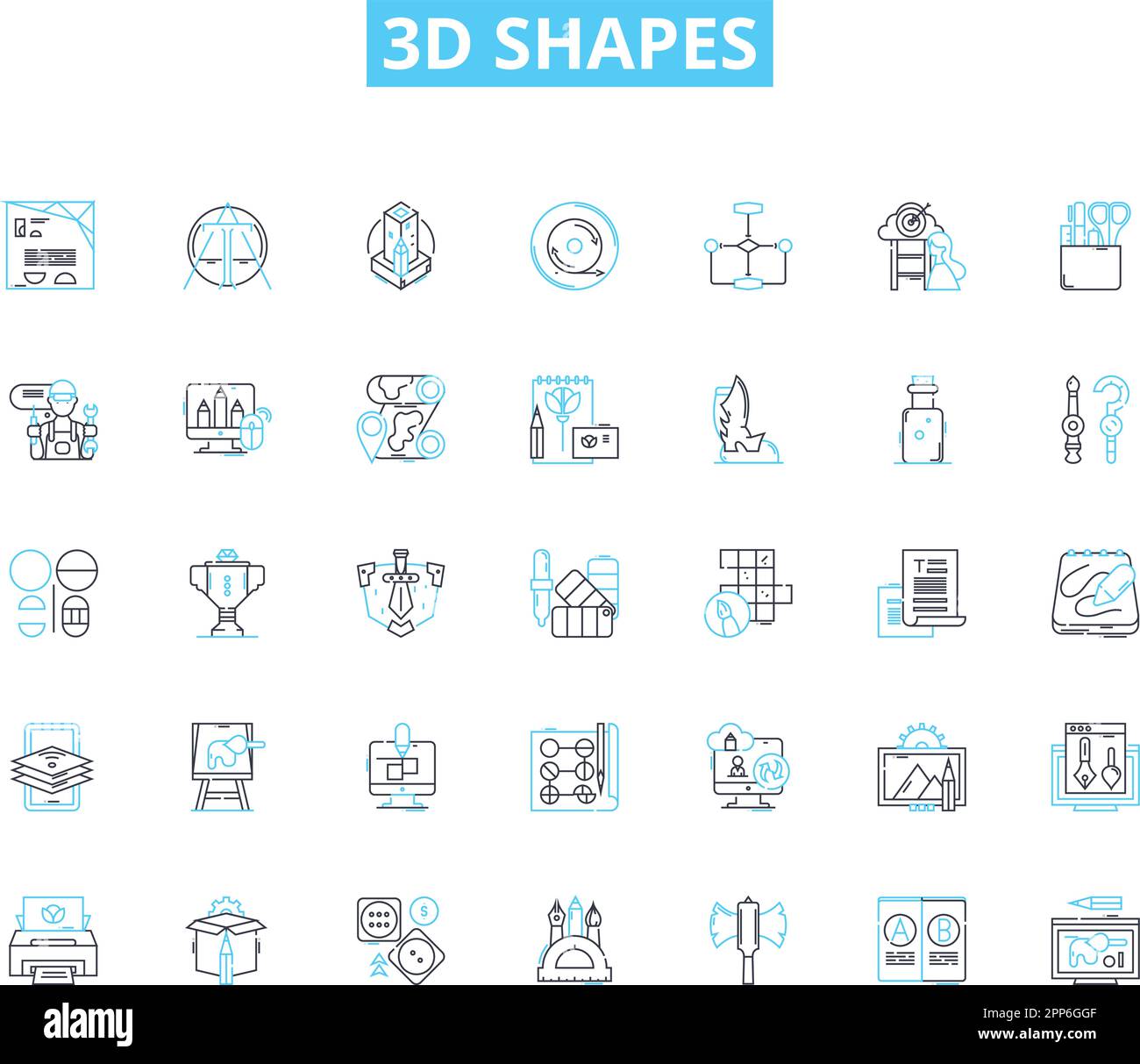3d shapes linear icons set. Cube, Pyramid, Cylinder, Sphere, C ...