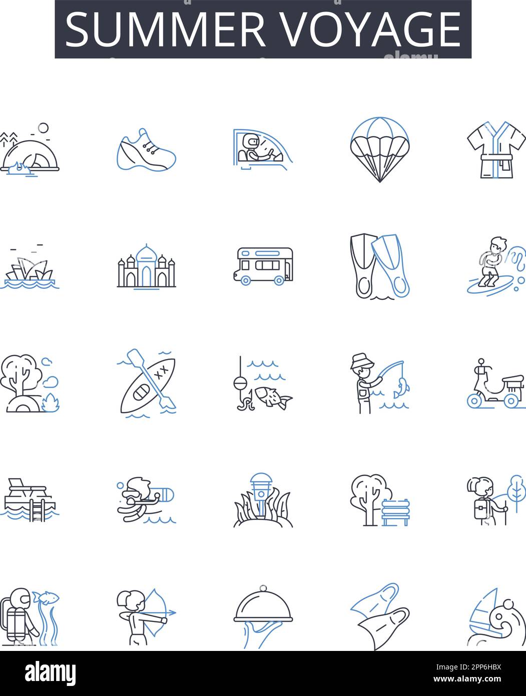 Summer voyage line icons collection. Beach excursion, Winter retreat ...