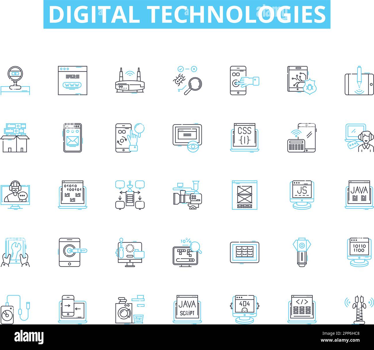 Digital technologies linear icons set. Innovation, Automation, Interactivity, Connectivity ...