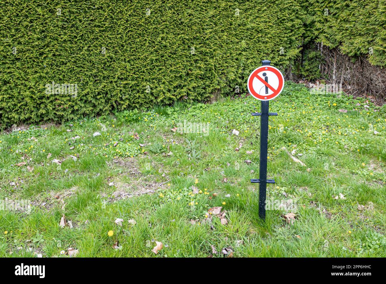 Public park with sign: No pee, it is forbidden to urinate in this place ...