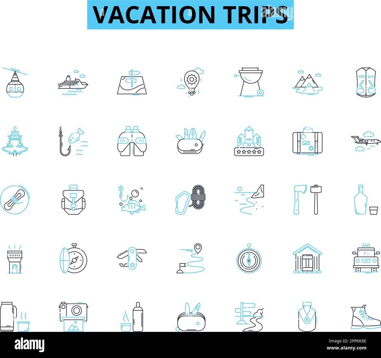 Vacation trips linear icons set. Adventure, Relaxation, Exploration ...