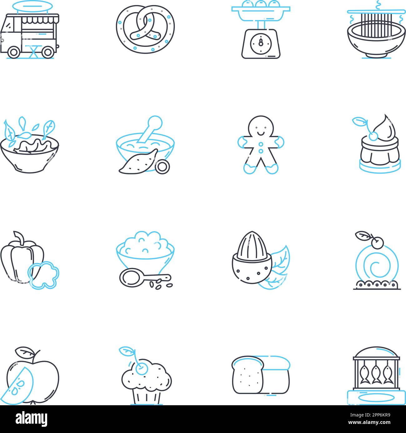 Snack linear icons set. Chips, Popcorn, Pretzels, Crackers, Nuts ...