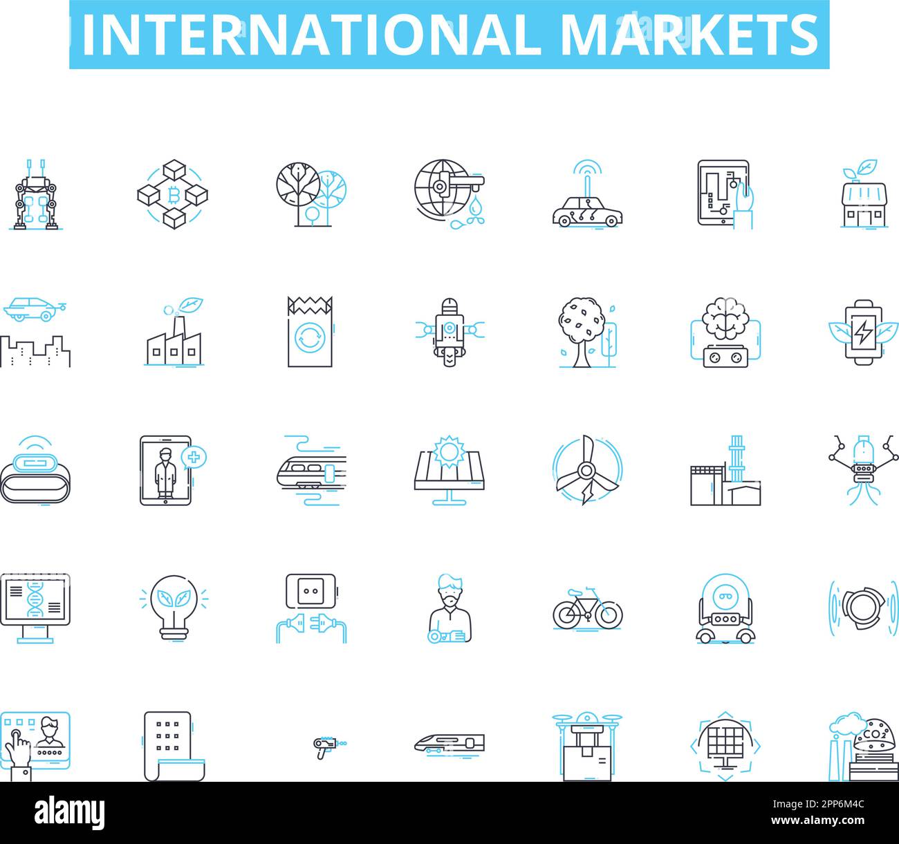 International markets linear icons set. Globalization, Trade, Export ...