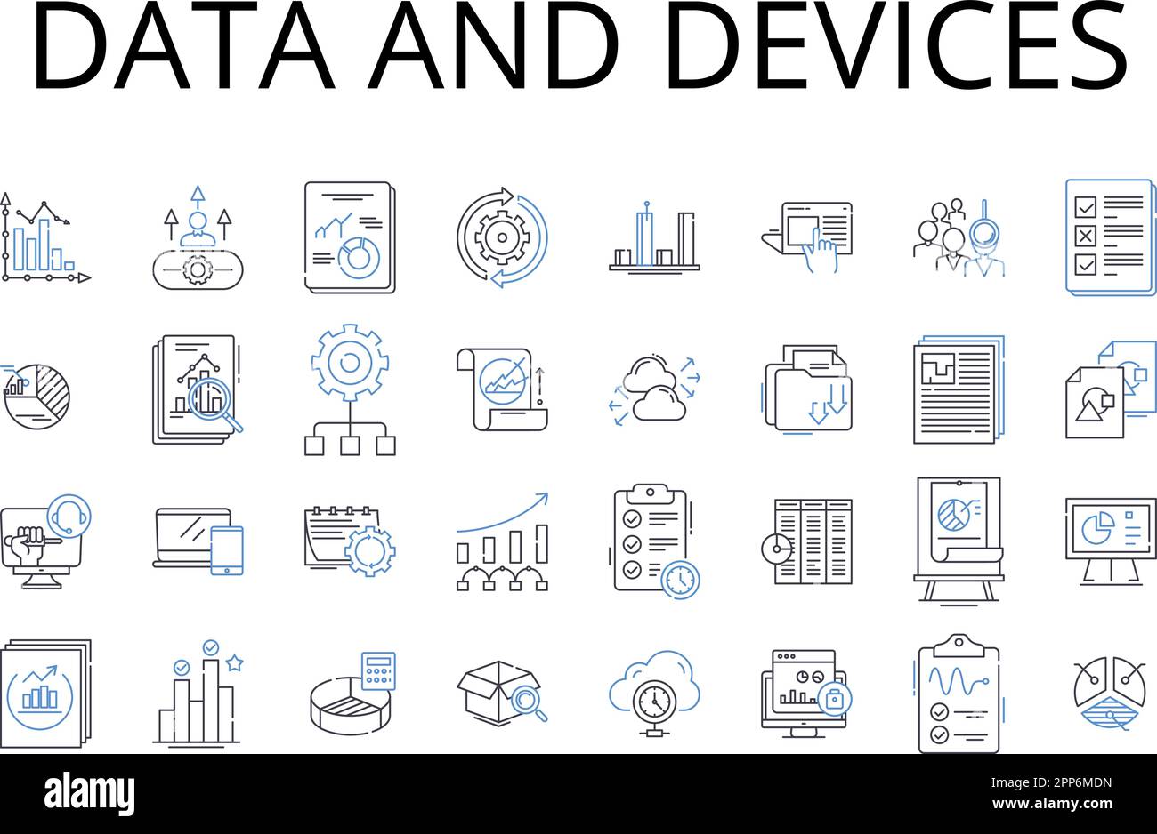 Data and devices line icons collection. Information and gadgets, Stats ... Data and devices line icons collection. Information and gadgets, Stats ...