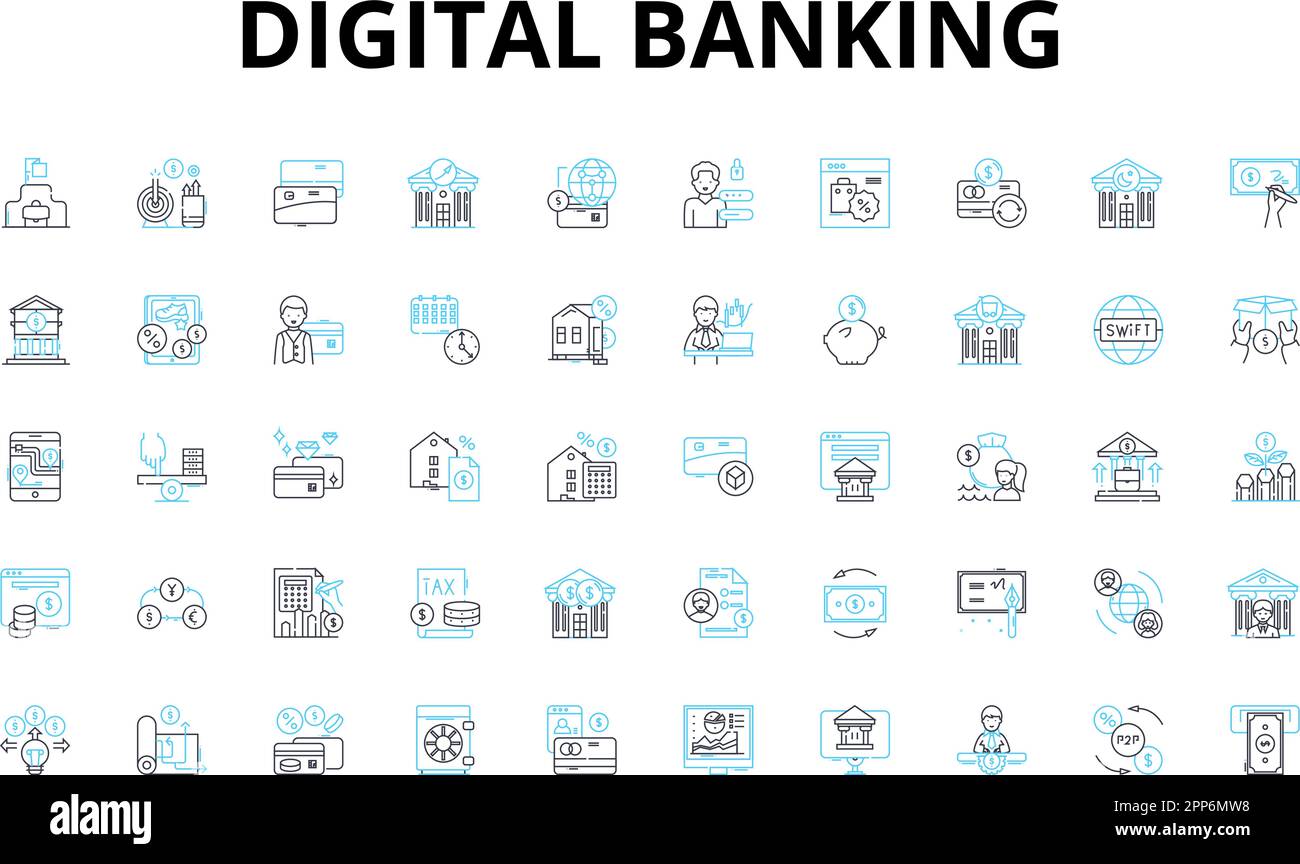 Digital banking linear icons set. Fintech, Mobile, Online, Transactions ...