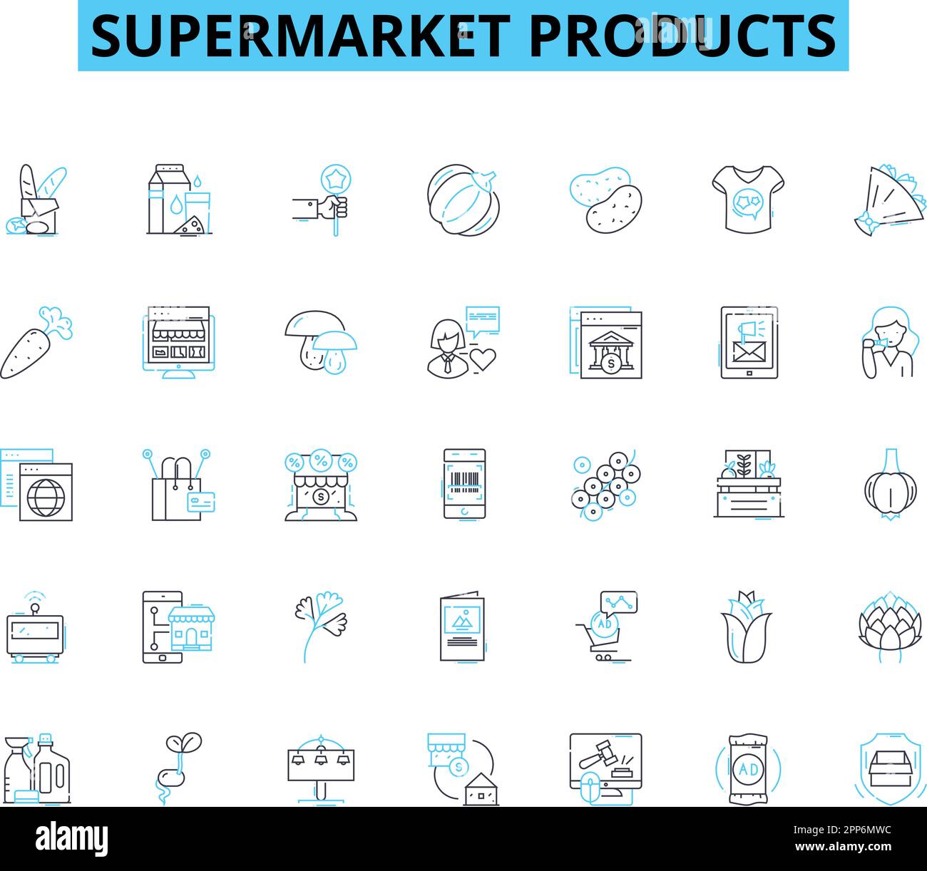 Supermarket products linear icons set. Groceries, Produce, Dairy, Meat ...