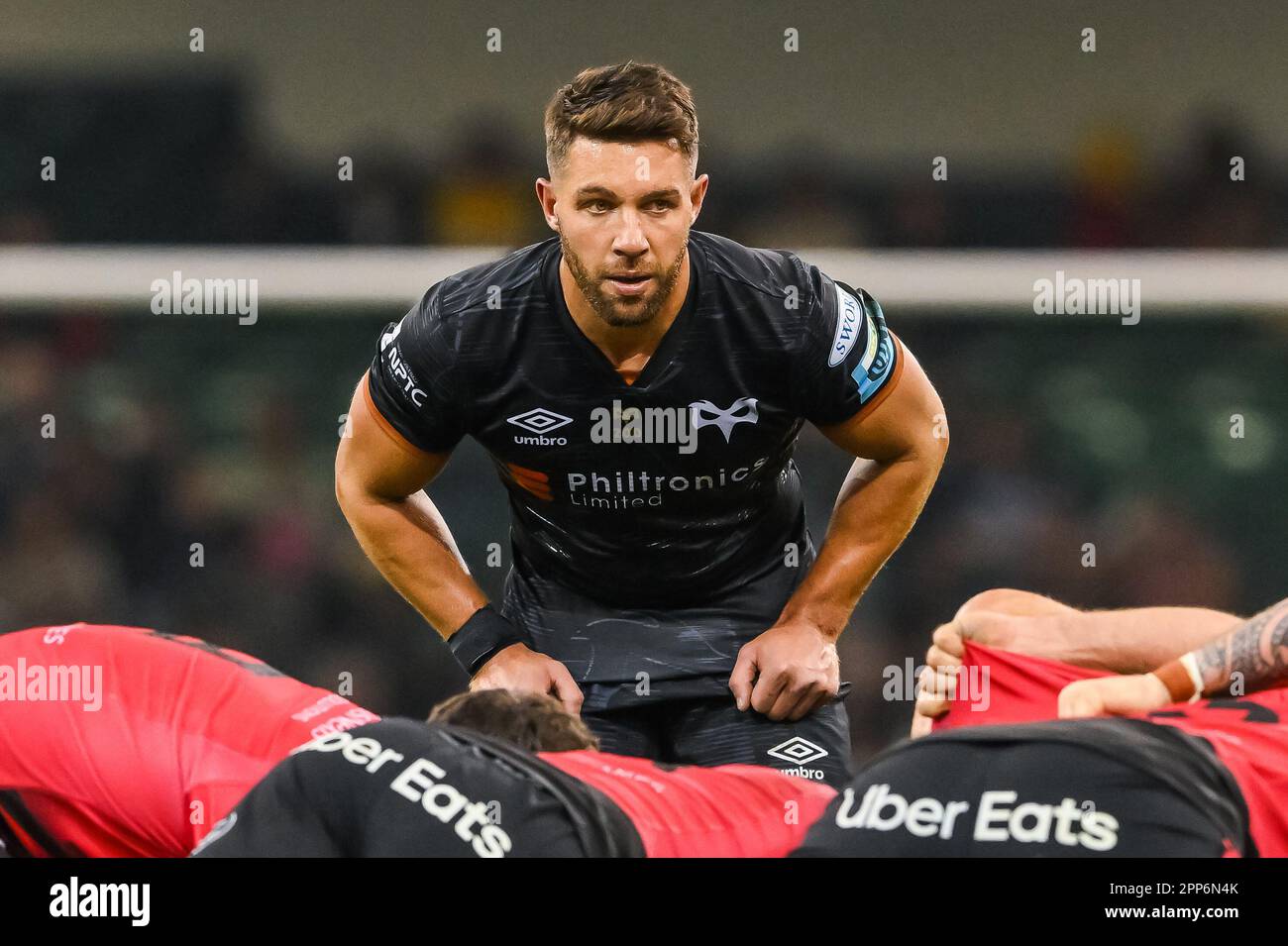 Rhys Webb of Ospreys watches over the scrum during the United Rugby ...