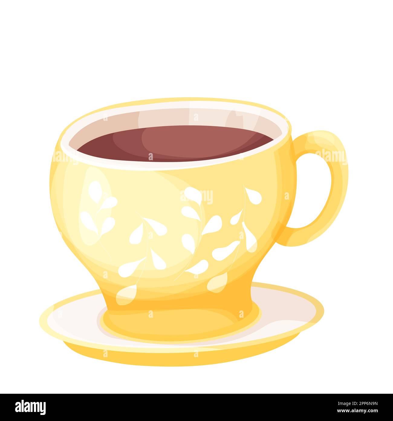 Tea cup yellow on plate decotated with leaves in cartoon style isolated ...