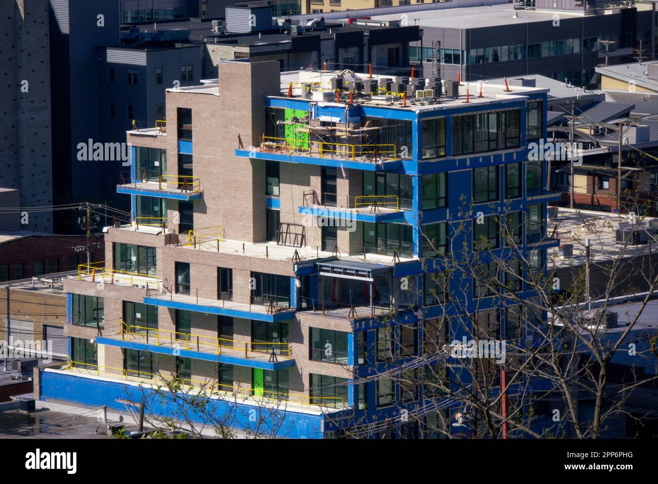 A blue and brown multi-story residential building in Pittsburgh ...