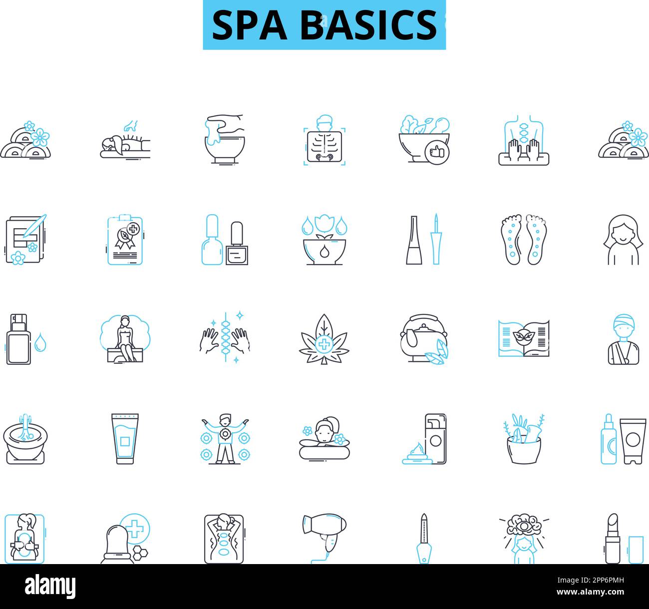 Spa basics linear icons set. Relaxation, Pampering, Massage, Soothing, Aromatherapy, Meditation ...