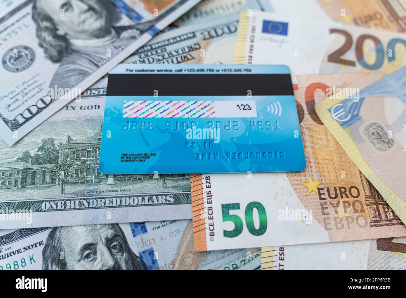 Top view of credit card on money in various currencies. Dollars, euros ...
