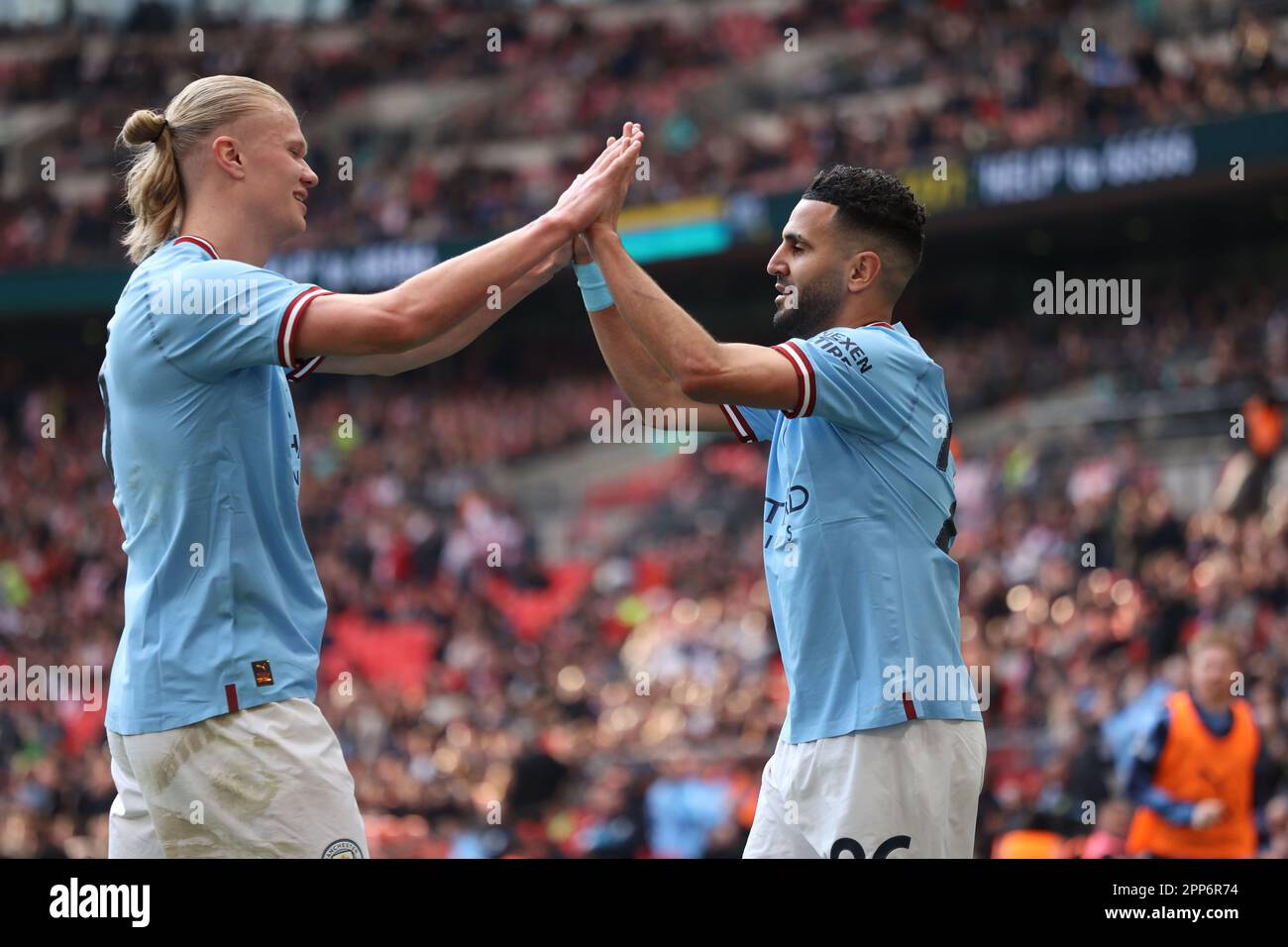 London, UK. 22nd Apr, 2023. Erling Haaland (MC) and Riyad Mahrez (MC ...