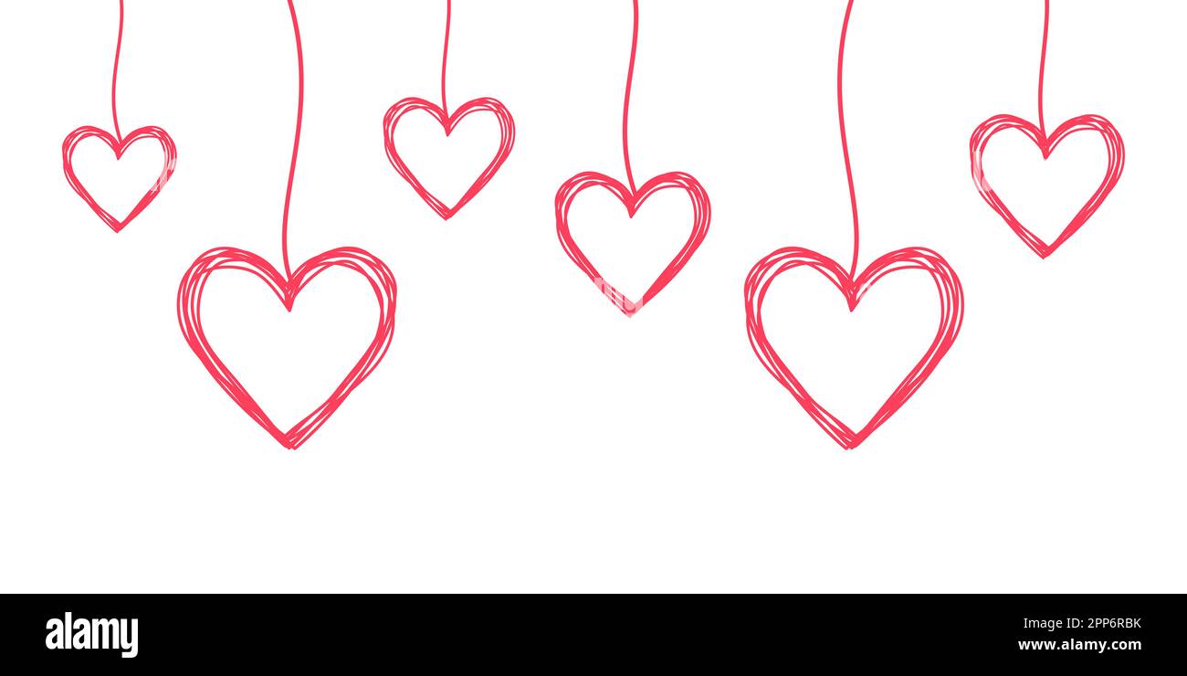 Tangled scribbled hearts hanging on a string, hand drawn with thin line ...