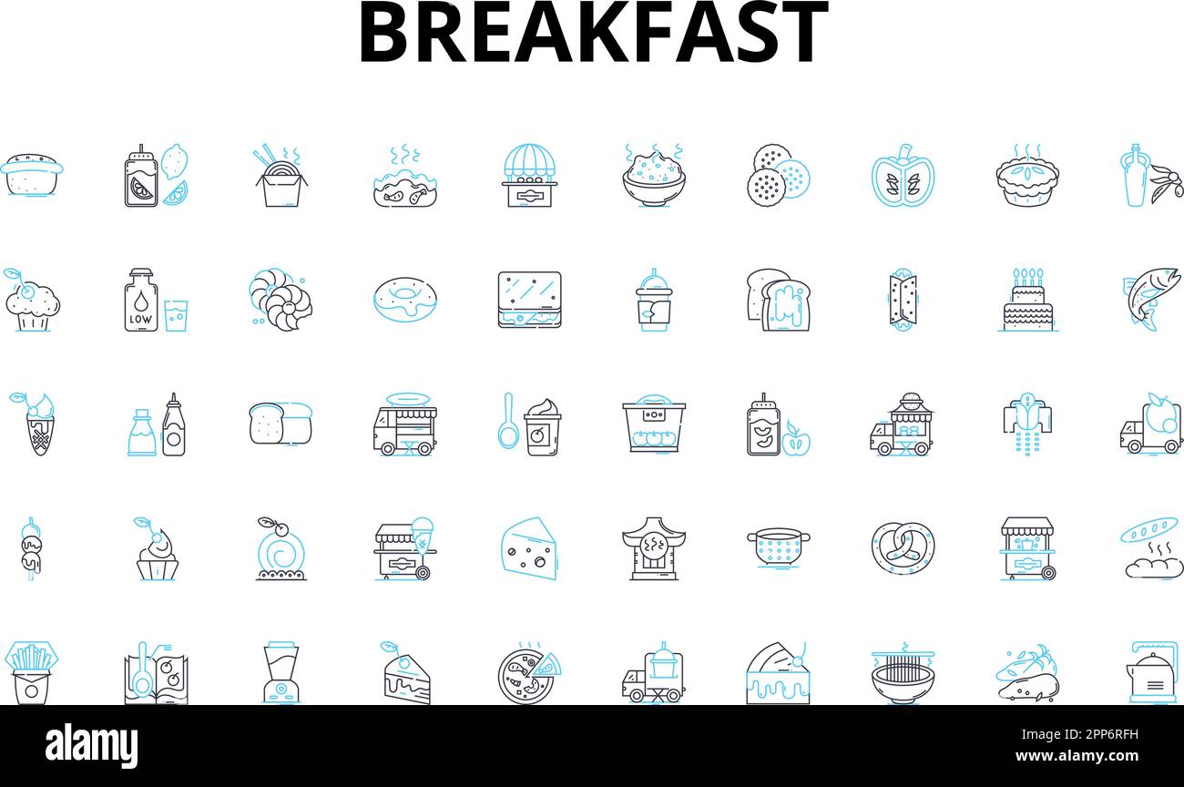 Breakfast linear icons set. Pancakes, Waffles, Omelette, Cereal, Toast ...