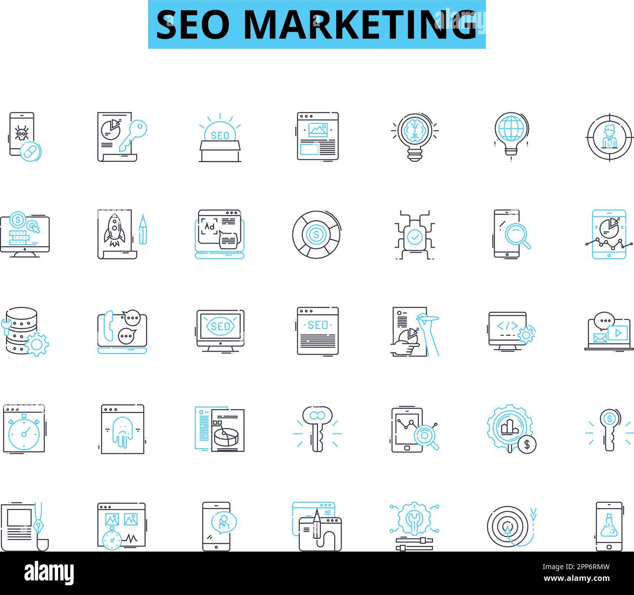 Seo marketing linear icons set. Optimization, Keywords, Analytics, Strategy, Content, Backlinks ...