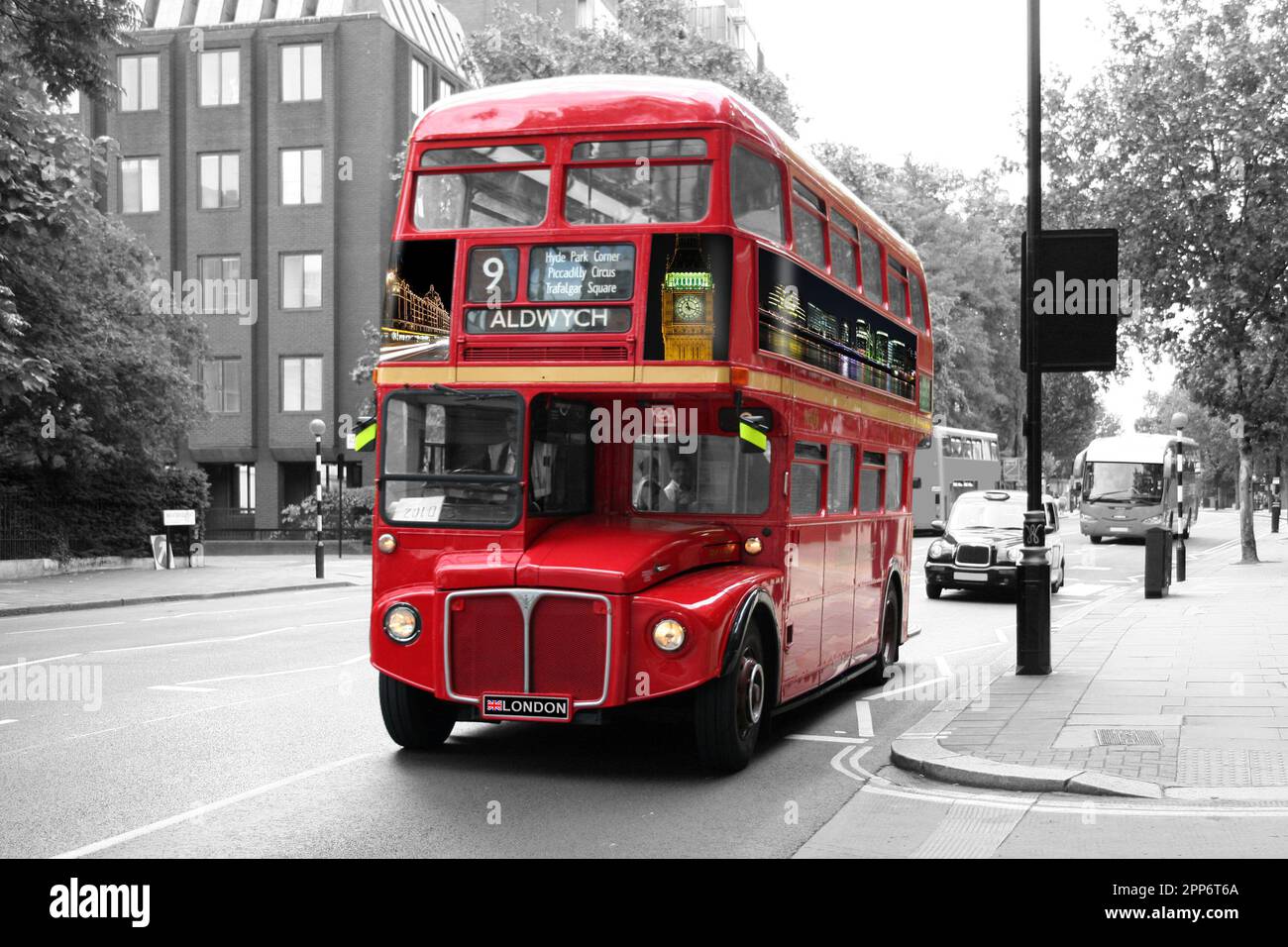 Black and white street of London with an isolated traditional red ...