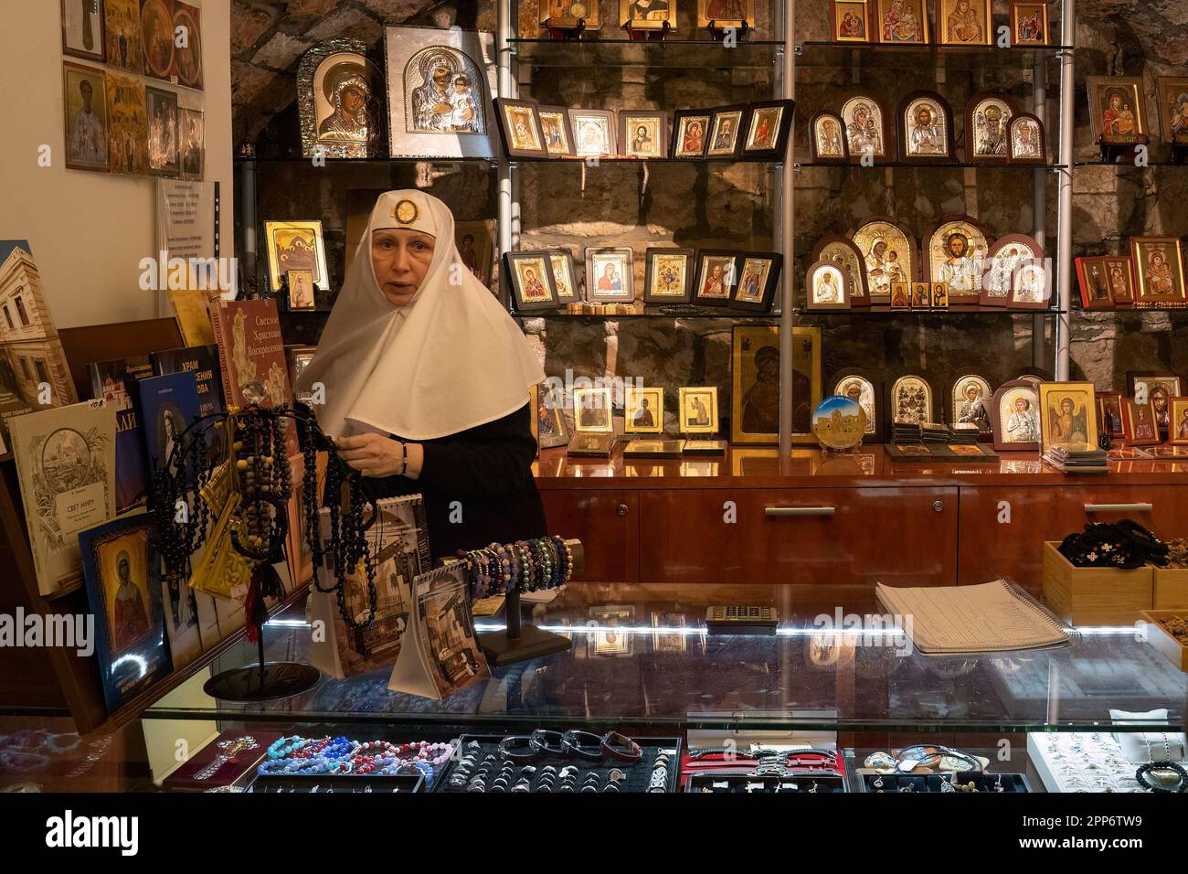 Jerusalem, Israel - November 12th, 2022:A nun selling icons and ...
