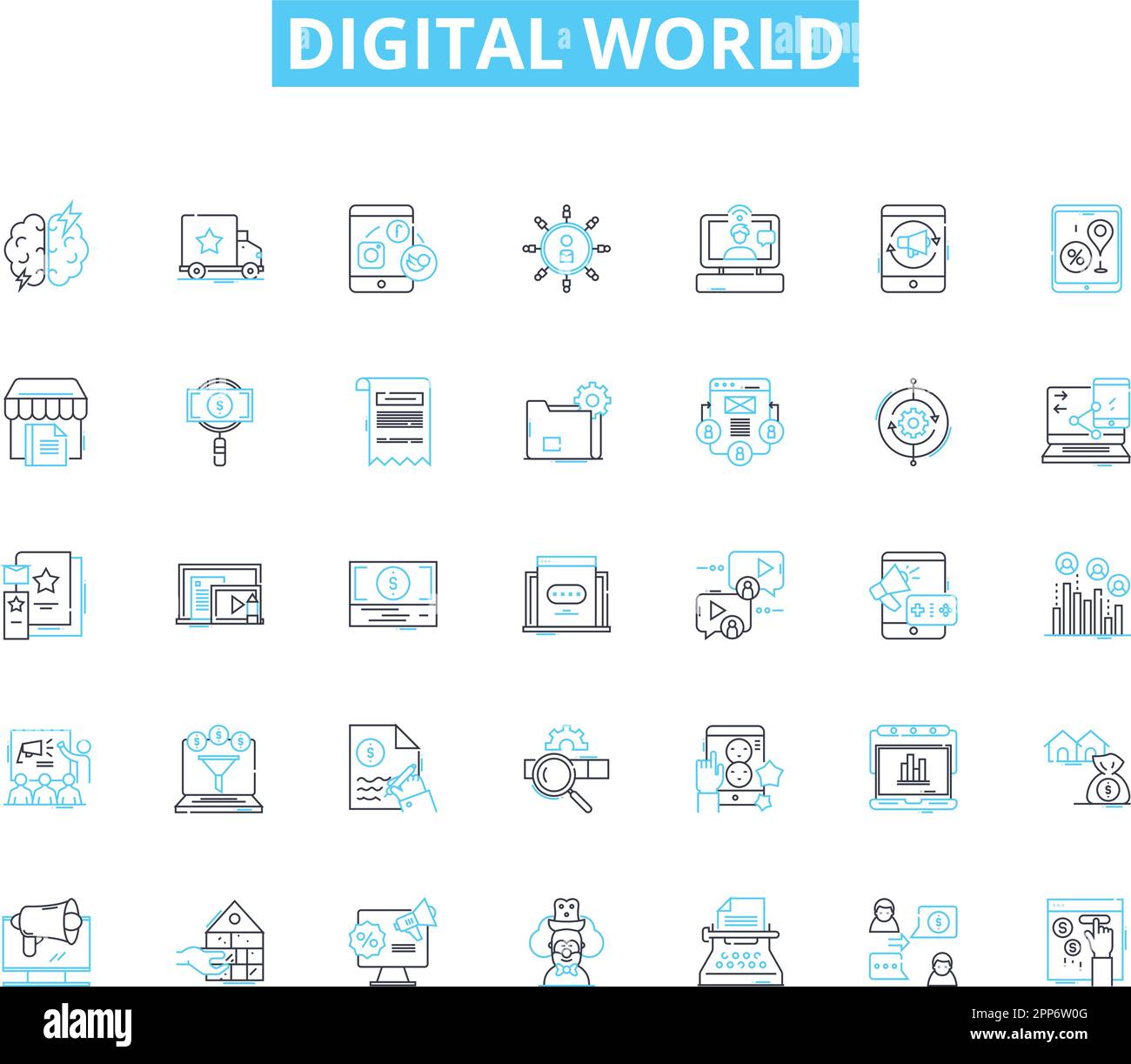 Digital world linear icons set. Internet, Technology, Social media, Cybersecurity, Online ...