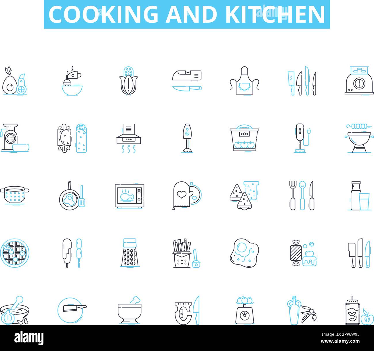 Cooking and kitchen linear icons set. Whisk, Grate, Bake, Saute, Simmer ...