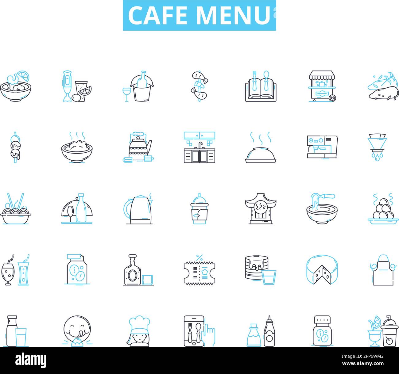 Cafe menu linear icons set. Brunch, Coffee, Pastries, Sandwiches ...