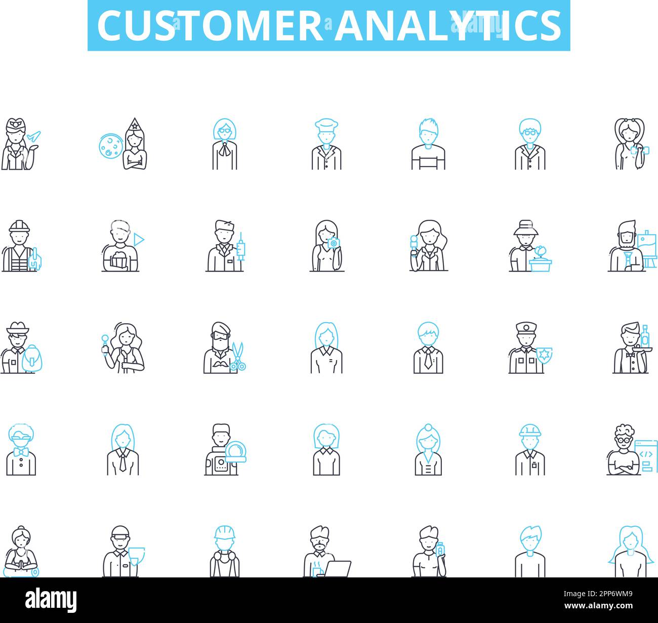 Customer analytics linear icons set. Segmentation, Insights, Retention, Acquisition, Sentiment ...