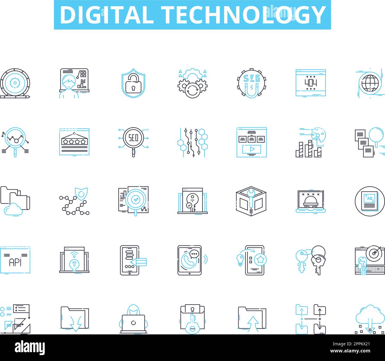 Digital technology linear icons set. Internet, Social Media, Cloud, Big Data, Analytics ...