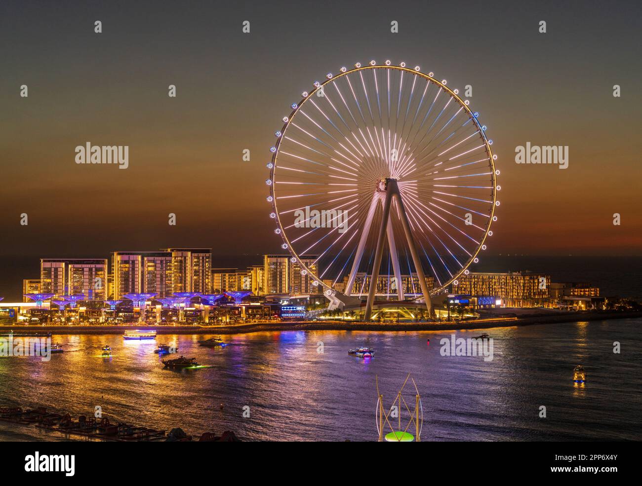 Lights on structure of Ain Dubai Observation Wheel on BlueWaters Island ...