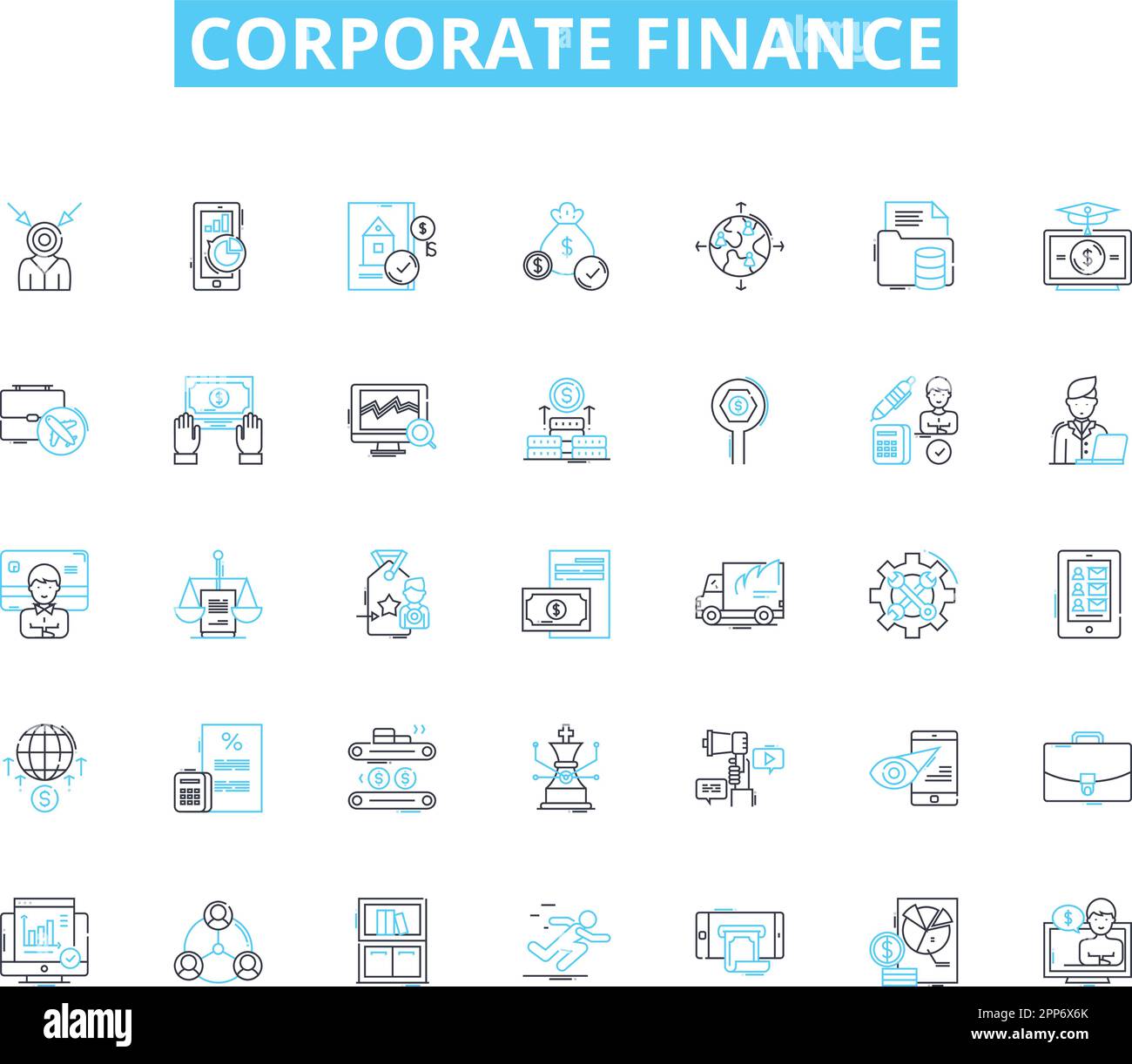 Corporate finance linear icons set. liquidity, valuation, leverage ...