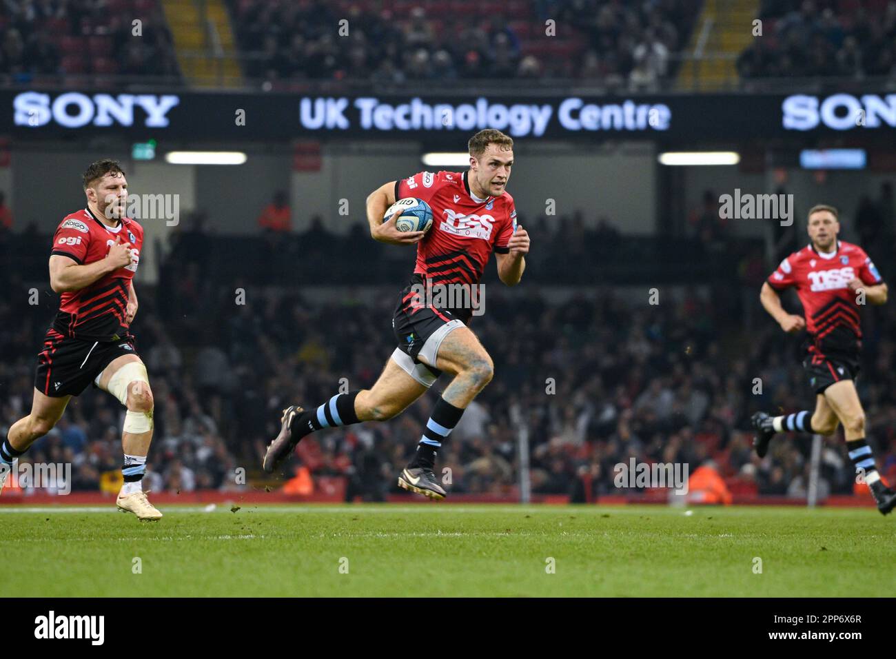 Cardiff, Wales. 22nd April 2023. Max Llewellyn running to score try ...