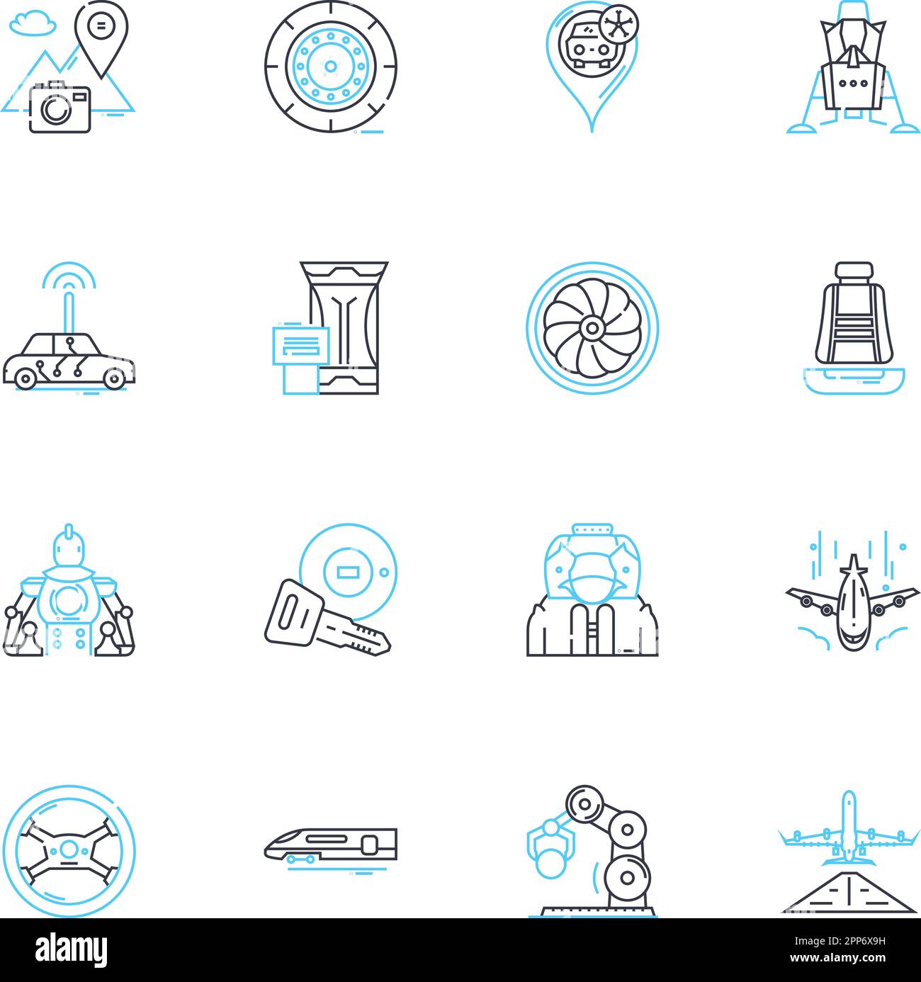 Aeroplane linear icons set. Wings, Jet, Cockpit, Propellers, Altitude ...