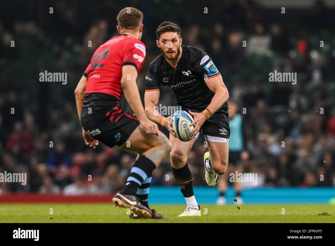 Owen Williams of Ospreys makes a break during the United Rugby ...